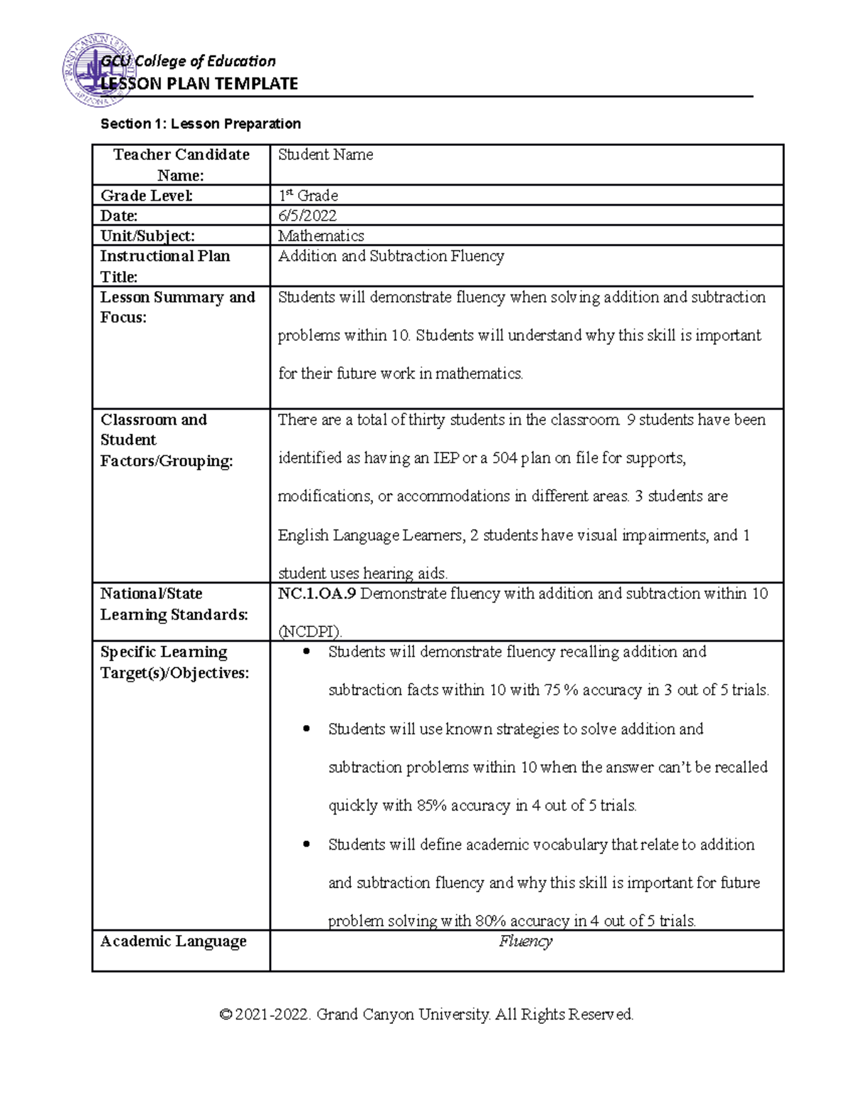 GCU SPD-470-O500 Week 6 Assignment - Operations and Algebraic Lesson ...
