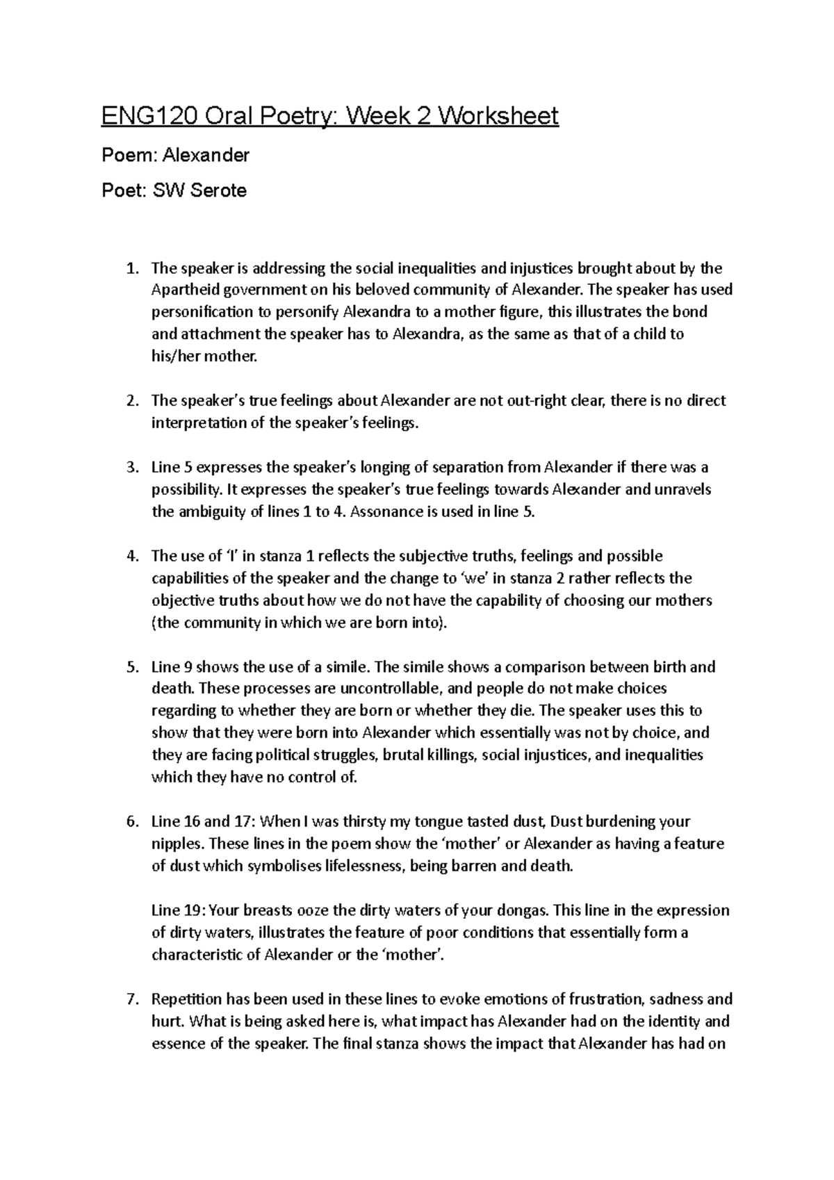 Week 2 Worksheet - ENG120 Oral Poetry: Week 2 Worksheet Poem: Alexander ...