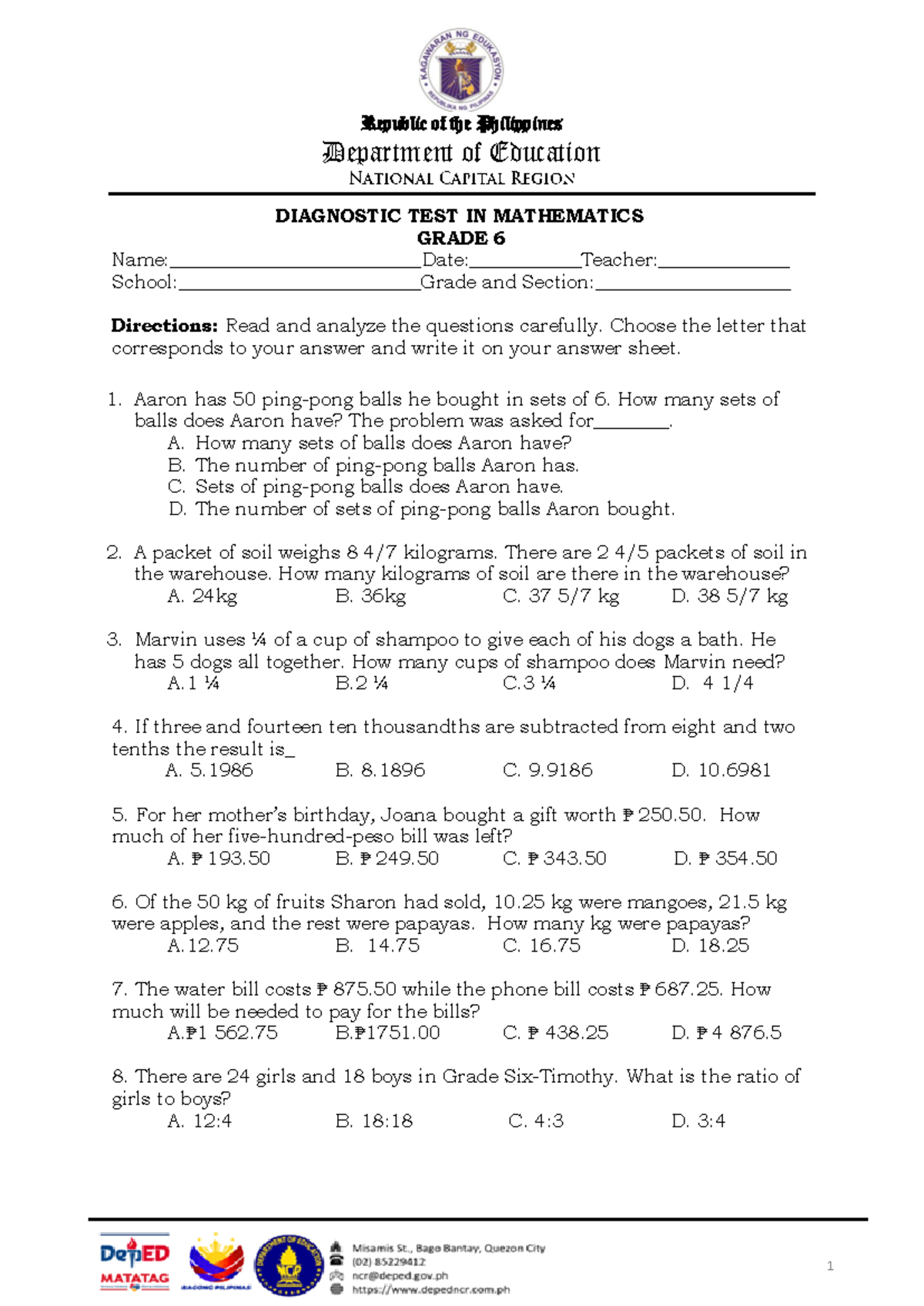 Diagnostic TEST IN Mathematics G6 RTP - Republic of the Philippines ...
