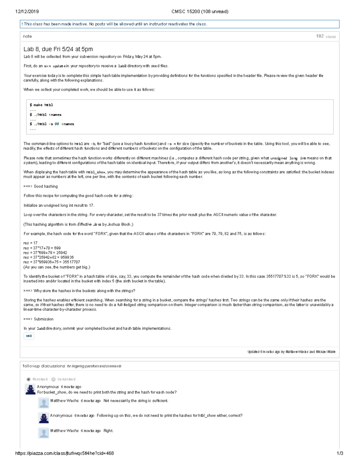 Lab 8 Assignment - 12/12/2019 CMSC 15200 (108 unread) piazza/class/jtufiwqx5fi4he?cid=468 1 ...