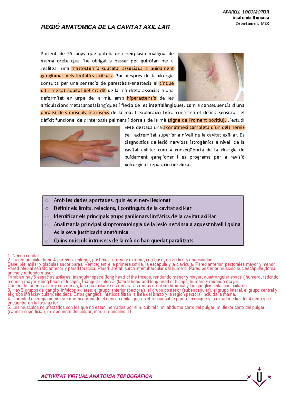 AUP1.1 Cavitat axilar - Caso Clinico - REGIÓ ANATÒMICA DE LA CAVITAT ...