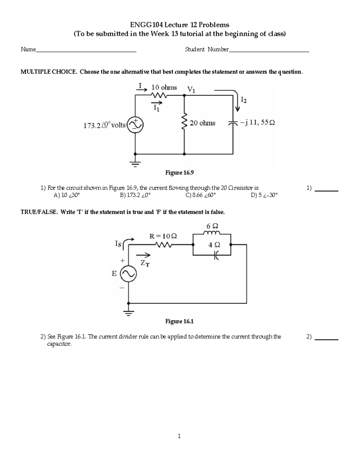 ENGG104 Tut12 sol - Tutorial 12 questions and solutions - ENGG104 Lecture 12 Problems (To be ...