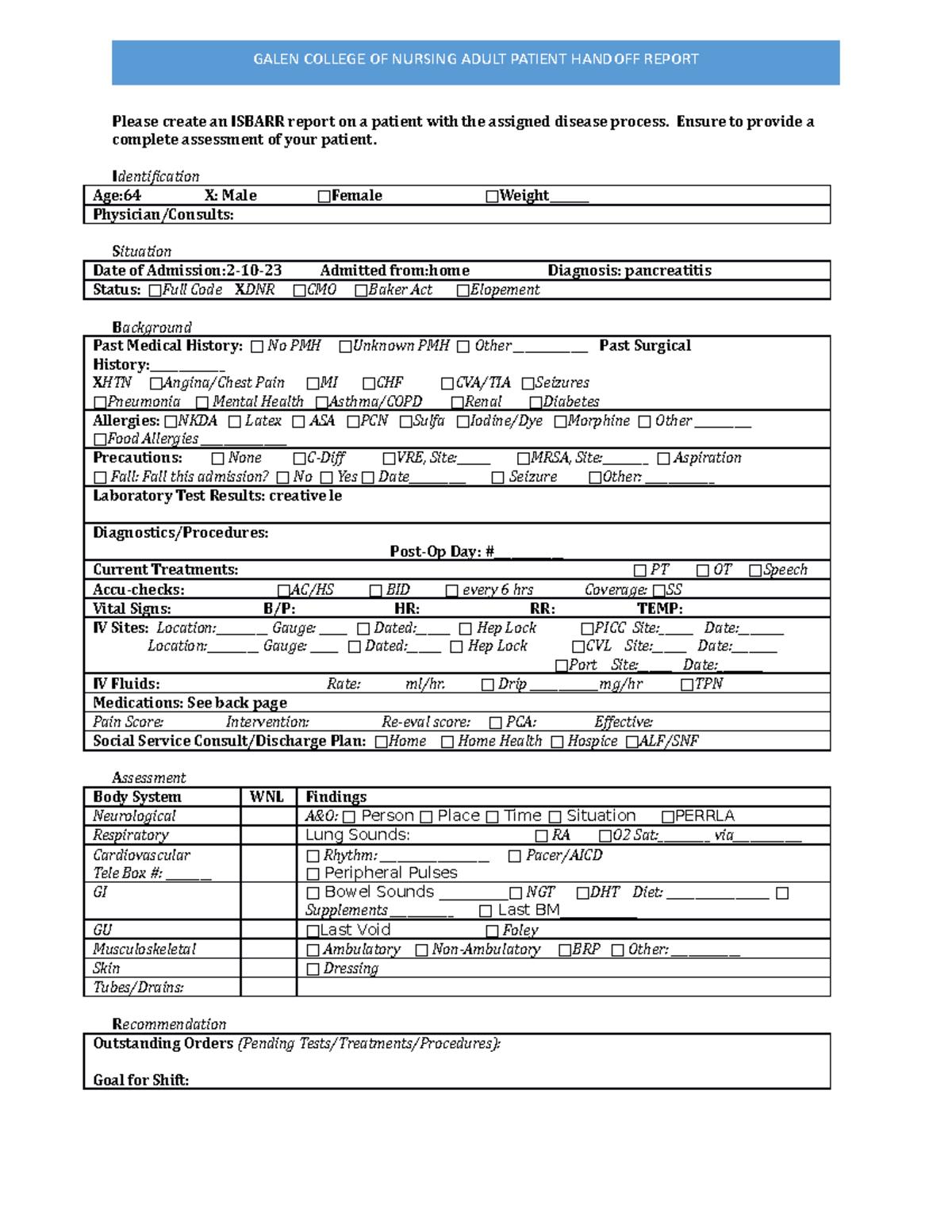 Isbarr Template - Please create an ISBARR report on a patient with the ...