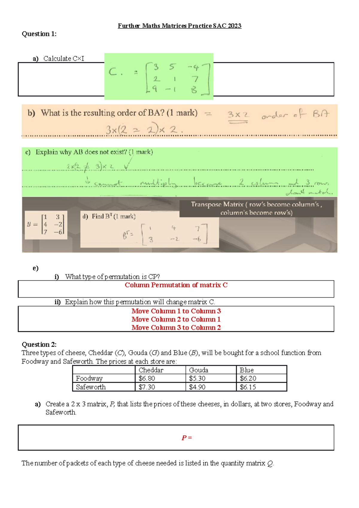 Matrices Further Maths Practice SAC 2023 Solutions - Further Maths ...
