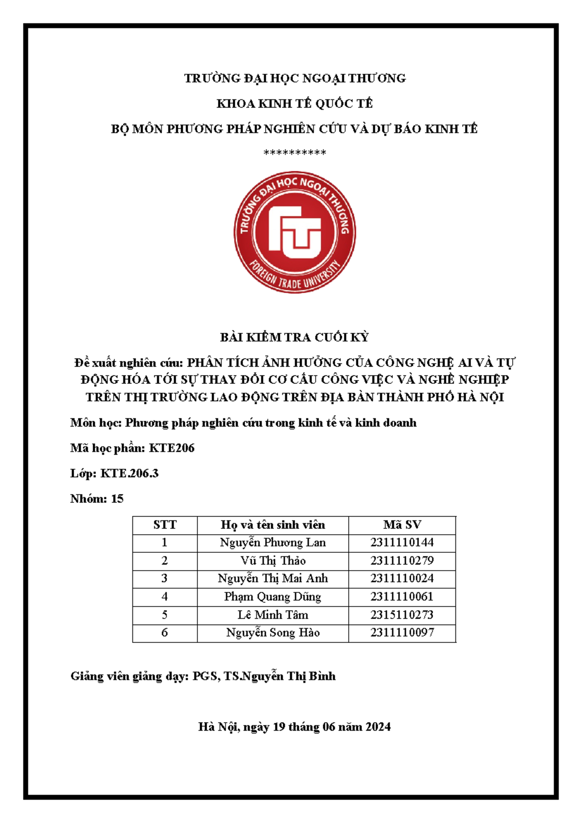 Trang BÌA TIỂU LUÂN - Bìa - TRƯỜNG ĐẠI HỌC NGOẠI THƯƠNG KHOA KINH TẾ ...