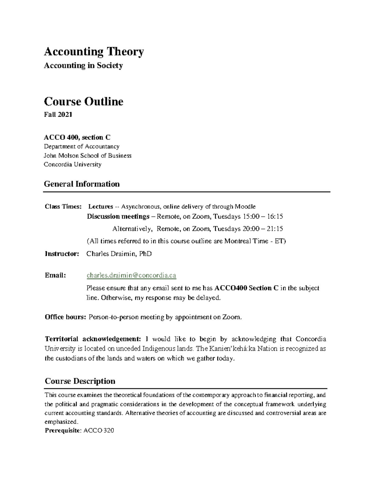 Course Outline ACCO 440 - Accounting Theory Accounting in Society ...