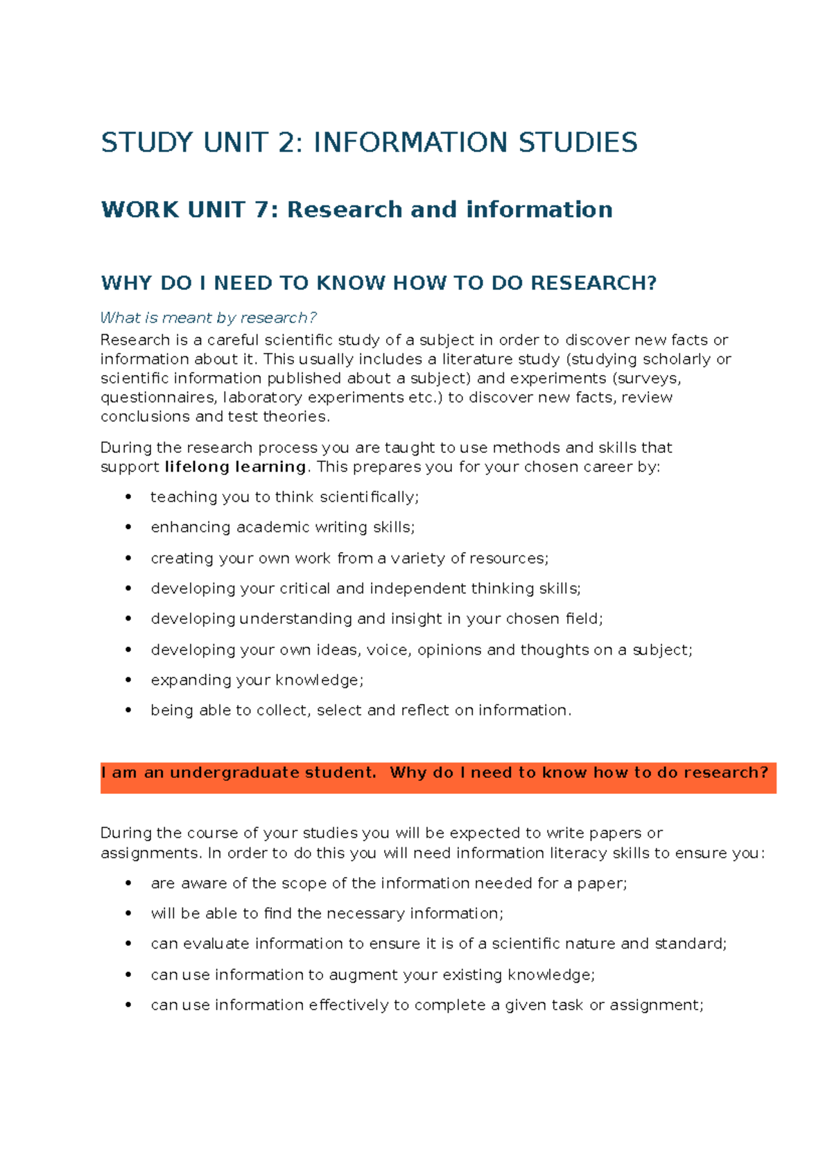 CI Skills- Study UNIT 2- Information Studies - STUDY UNIT 2 ...