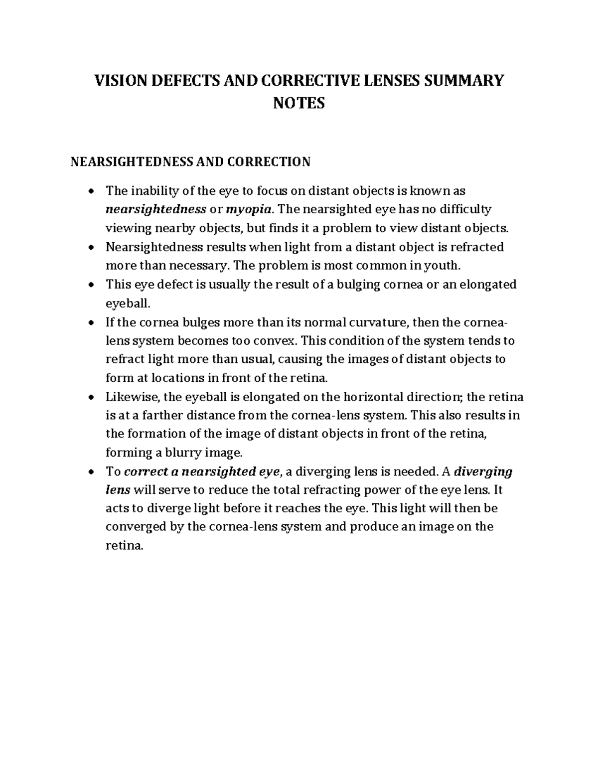Vision Defects and Corrective Lenses Summary Notes - VISION DEFECTS AND ...