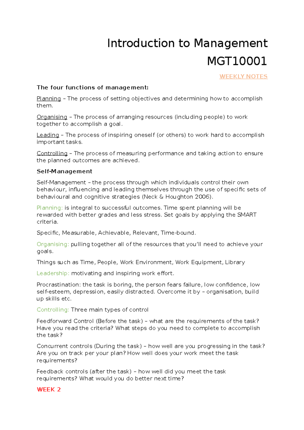 MGT week 1 - 6 notes - Introduction to Management WEEKLY NOTES The four ...
