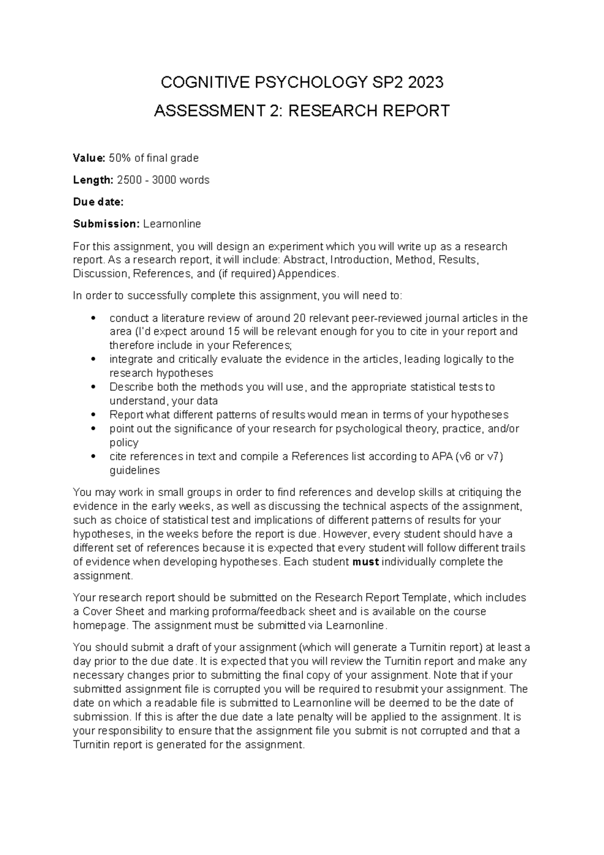 Research report initial - COGNITIVE PSYCHOLOGY SP2 2023 ASSESSMENT 2 ...