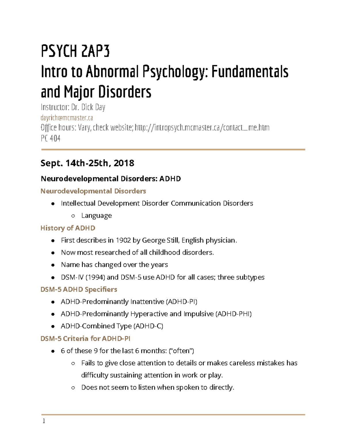 ADHD Lecture Notes - PSYCH 2AP3 Intro to Abnormal Psychology ...
