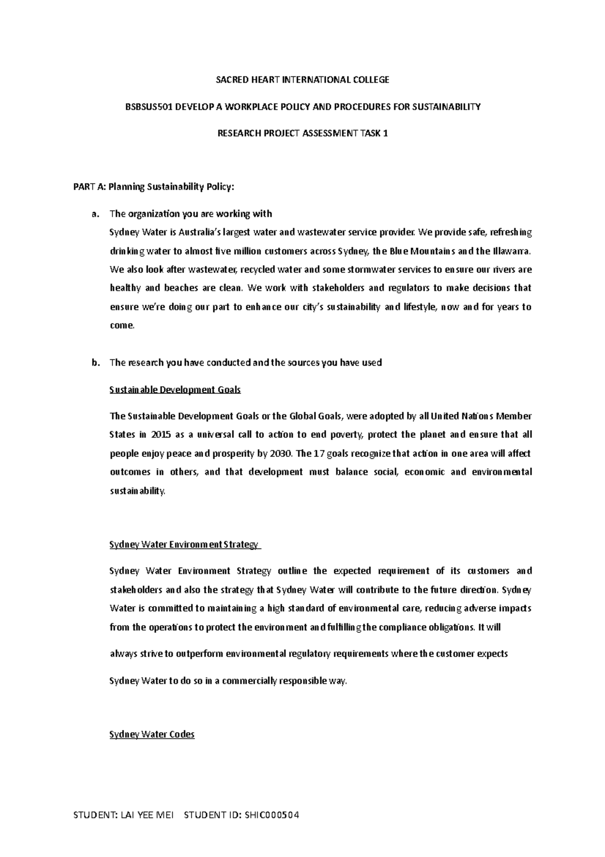 Research Project Assessment - SACRED HEART INTERNATIONAL COLLEGE ...