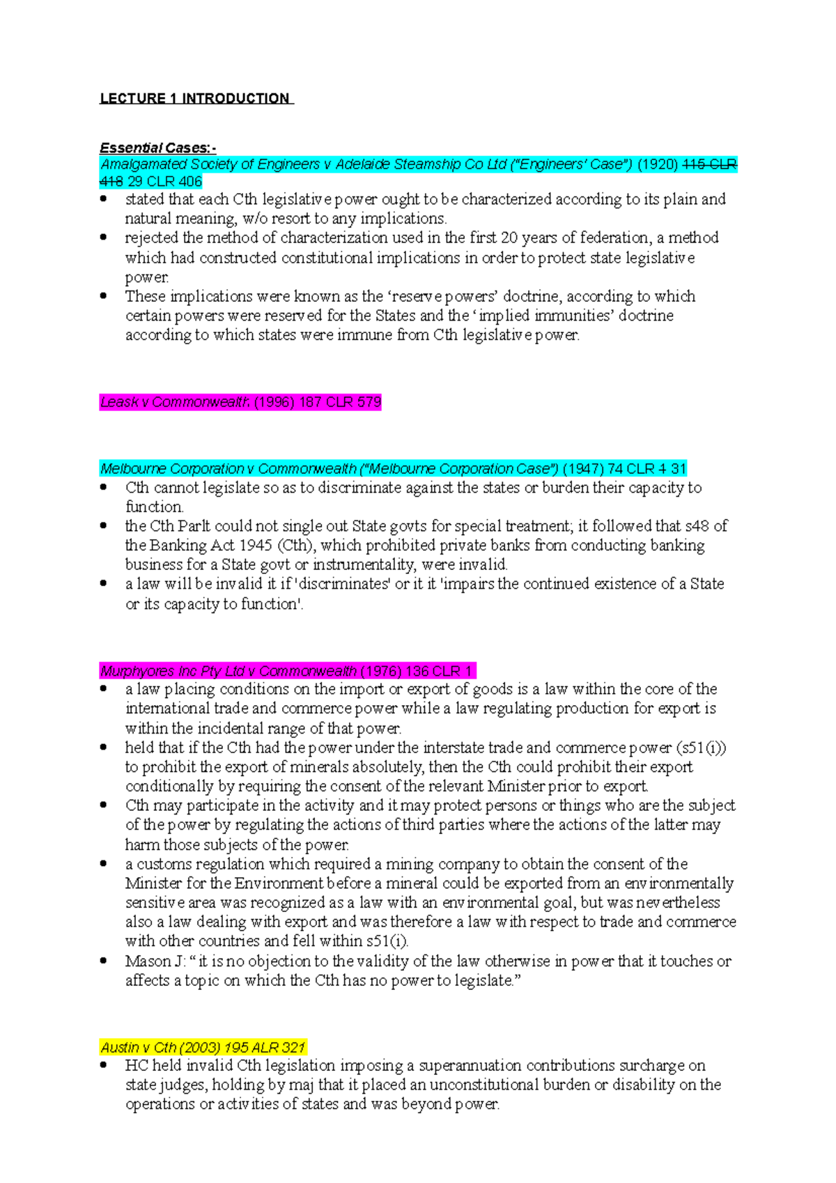 Case list CON - Relevant cases for each weeks content. - LECTURE 1 ...