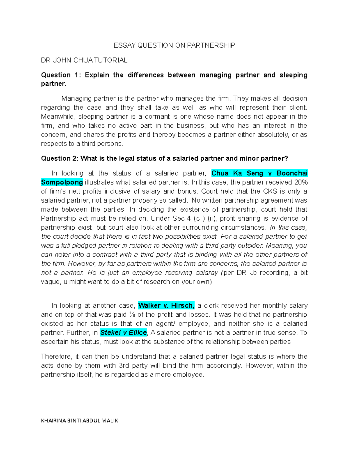LAW 604- Partnership - ESSAY QUESTION ON PARTNERSHIP DR JOHN CHUA ...