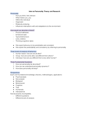 Chapter 1 - Chapter 1: Intro to Personality Psychology Personality: The ...