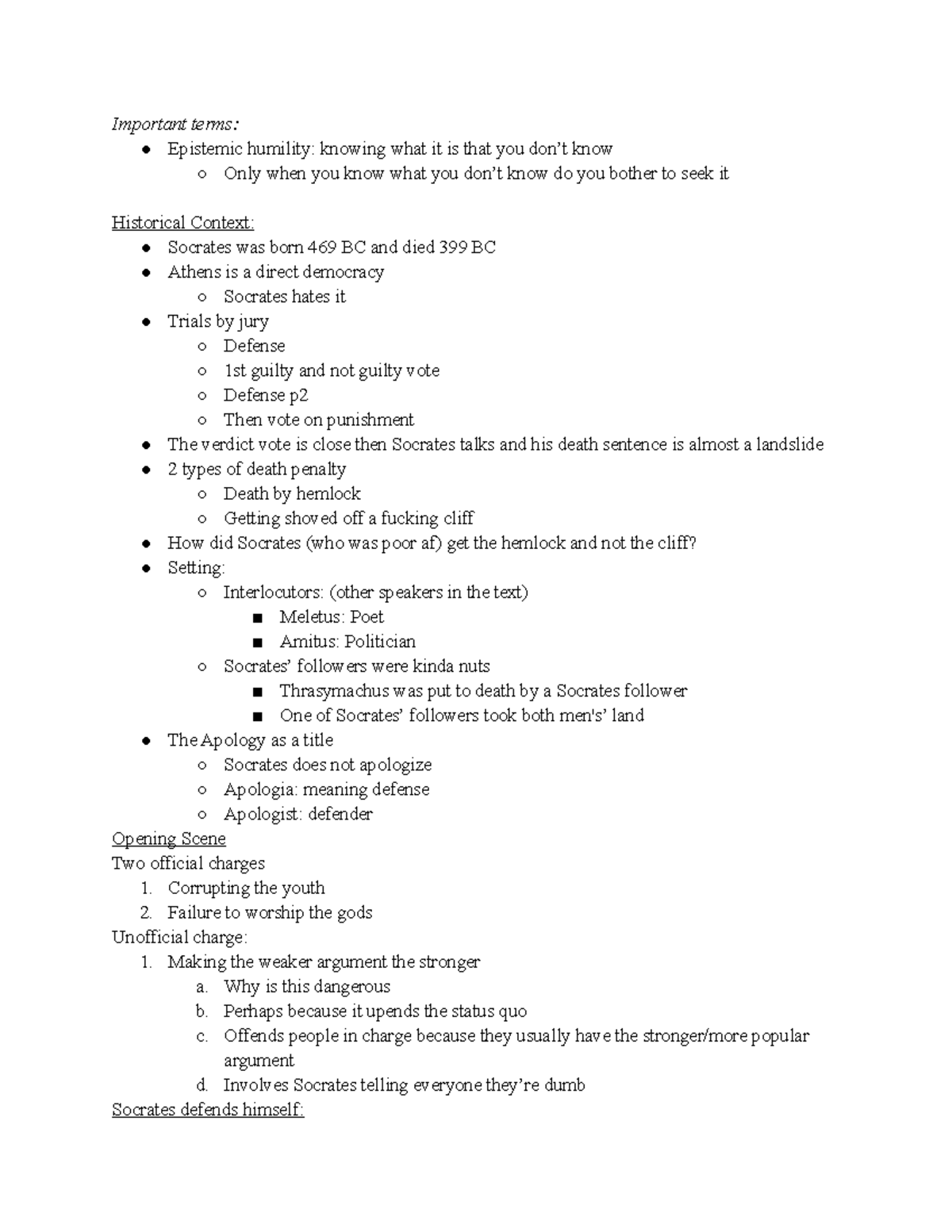 The Apology - Lecture notes 38-40 - Important terms: Epistemic humility ...
