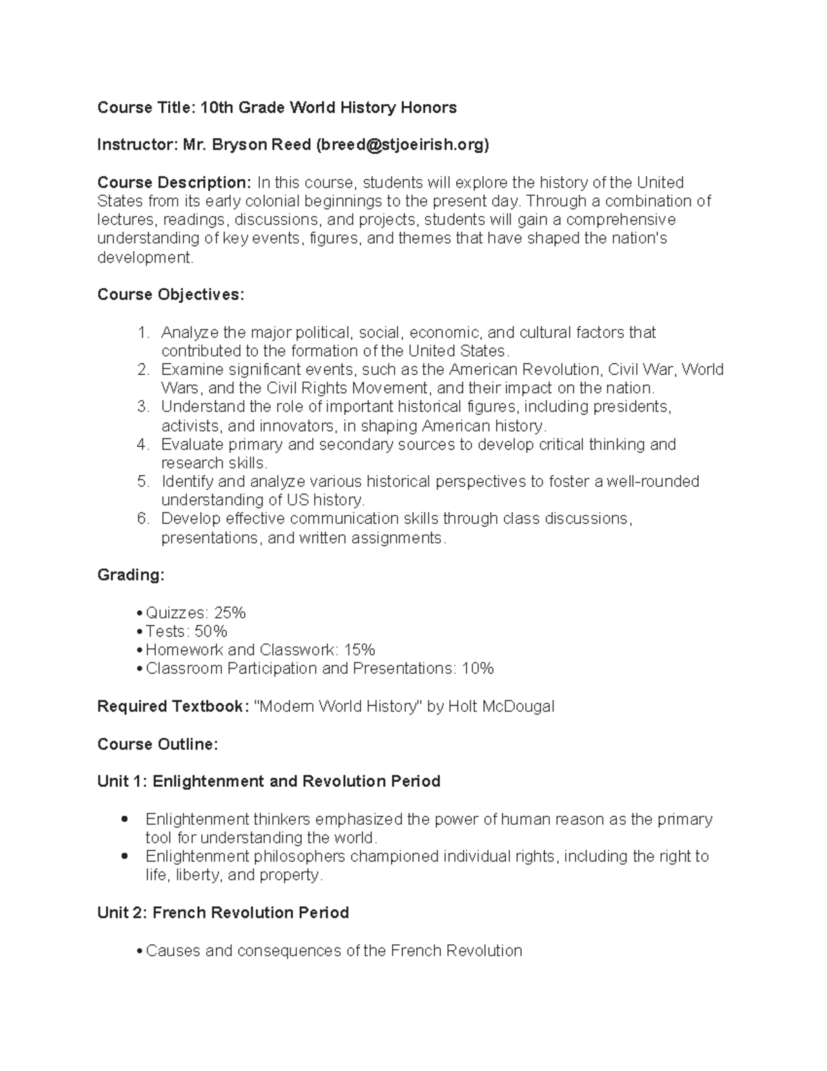 Honors Syllabus - This is for class - Course Title: 10th Grade World ...