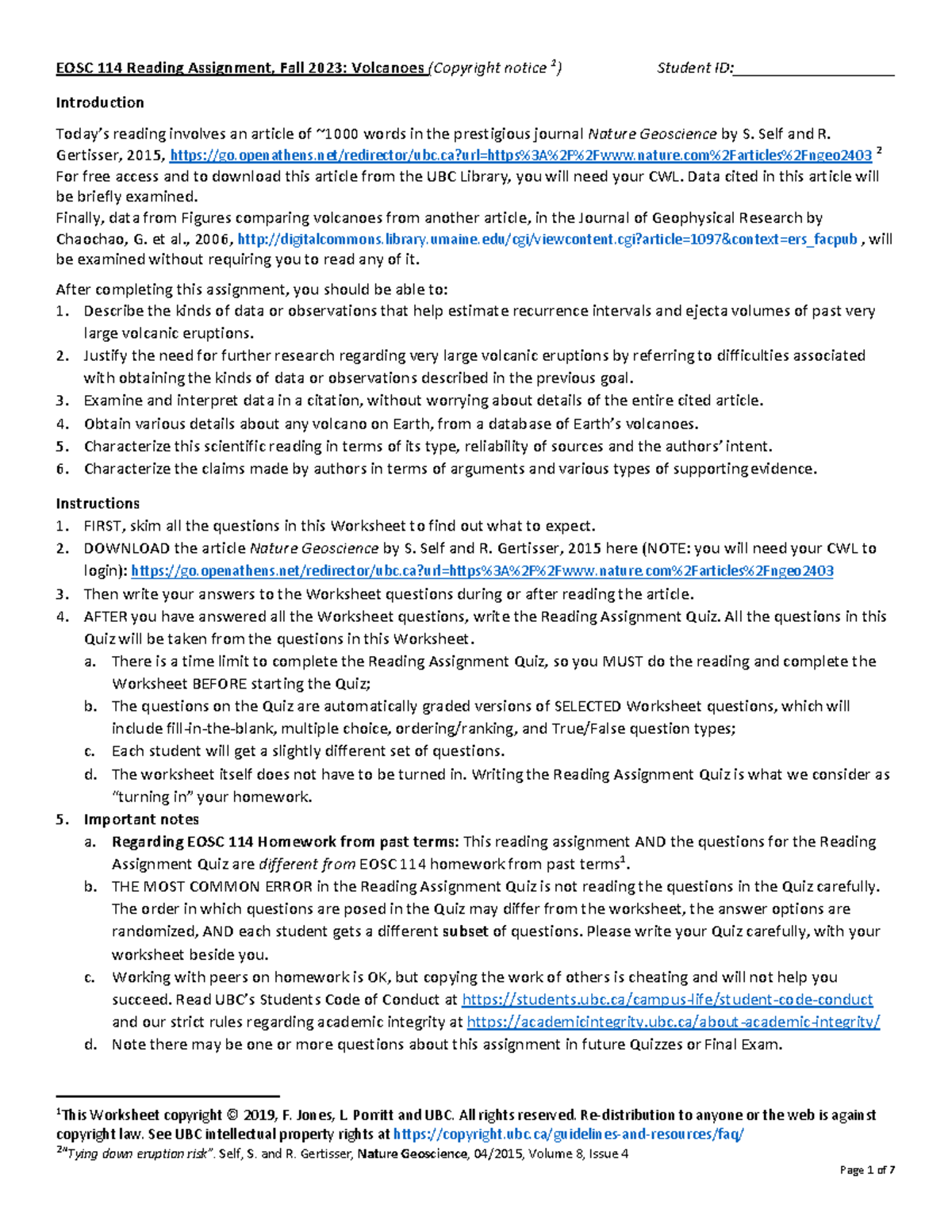 EOSC114 VO Reading Assignment-Fall2023 - EOSC 114 Reading Assignment ...