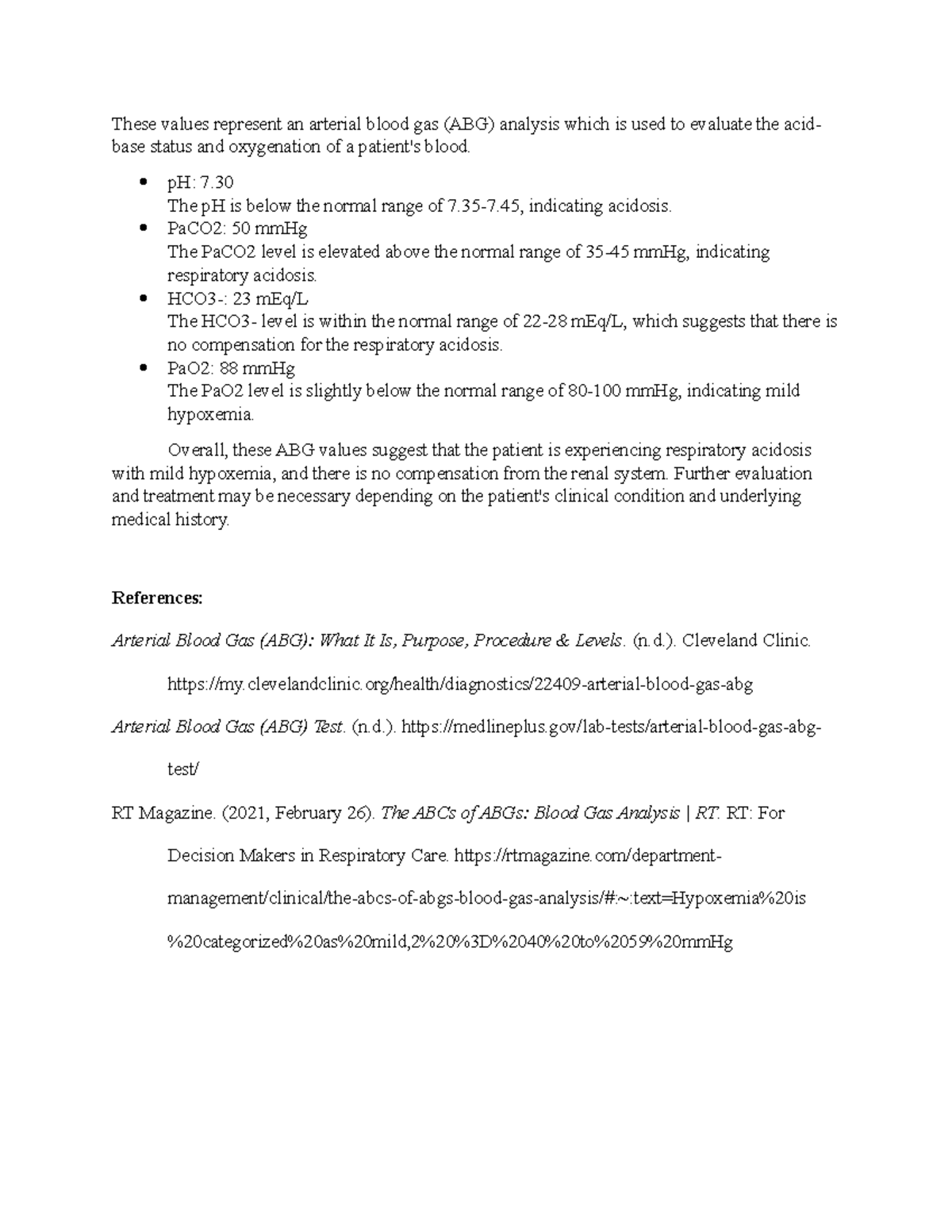 ABG Analysis study - These values represent an arterial blood gas (ABG ...
