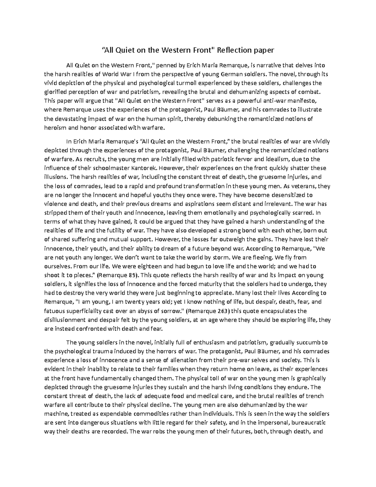 All Quiet on the Western Front reflection paper - “All Quiet on the ...