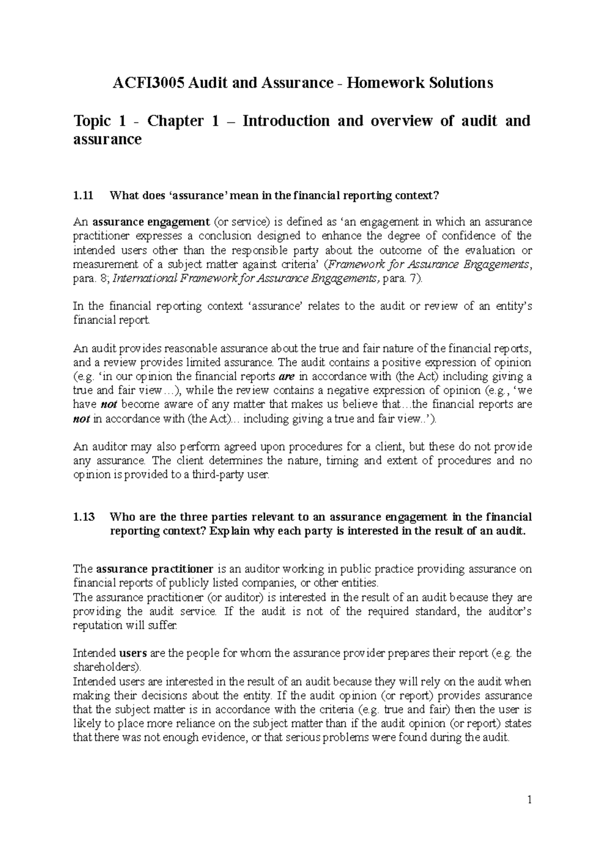 ACFI3005 Topic 1 Homework Solutions - Introduction to Audit - ACFI3005 ...