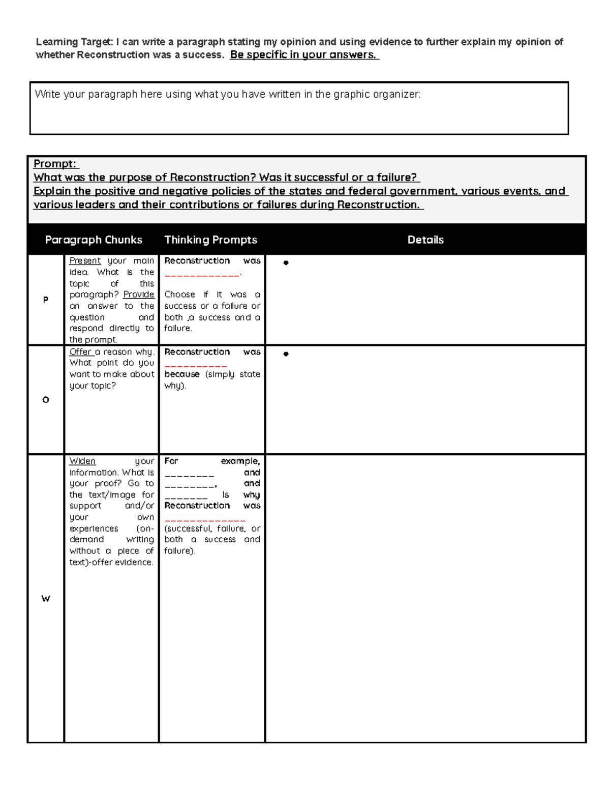 Unit 1 Reconstruction Power Organizer - Learning Target: I can write a paragraph stating my ...