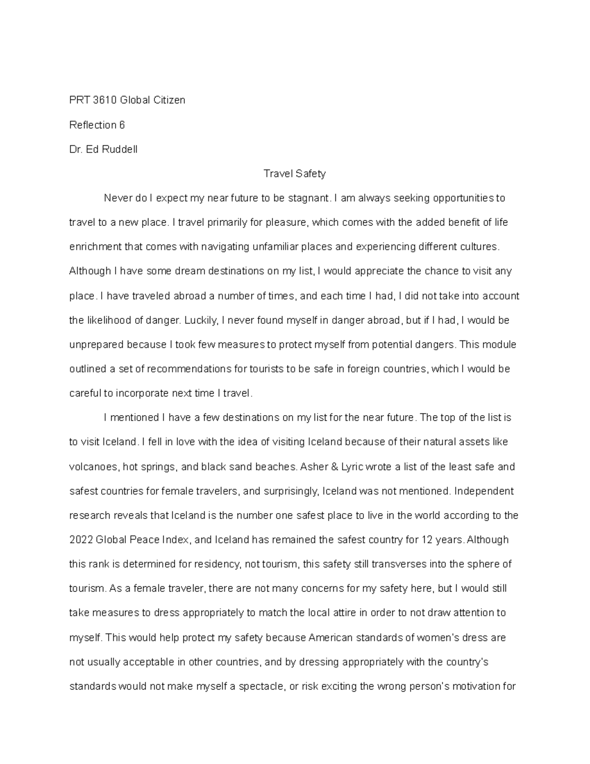 PRT reflection 6 Travel Safety - PRT 3610 Global Citizen Reflection 6 ...
