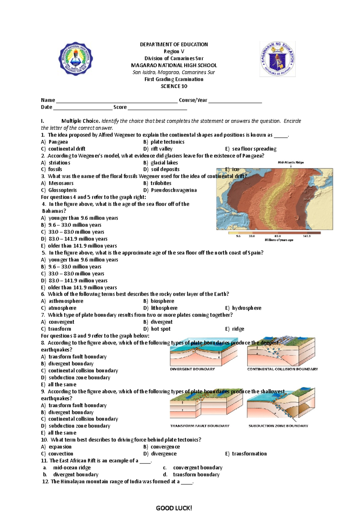 1st grading period exam science 10 - DEPARTMENT OF EDUCATION Region V ...