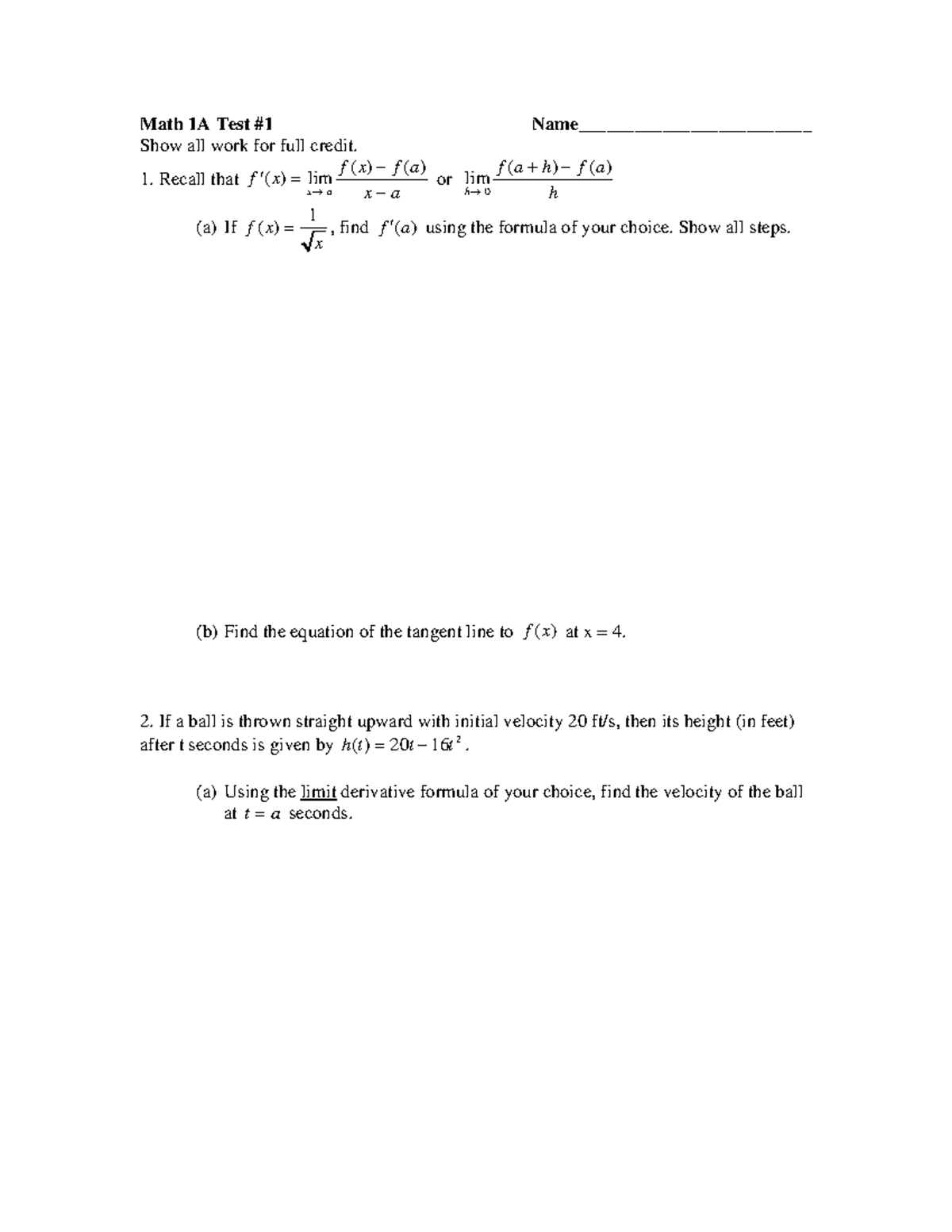 Math 1A Test1 W22 - Professor Richard Lopez quizzes and tests If you ...