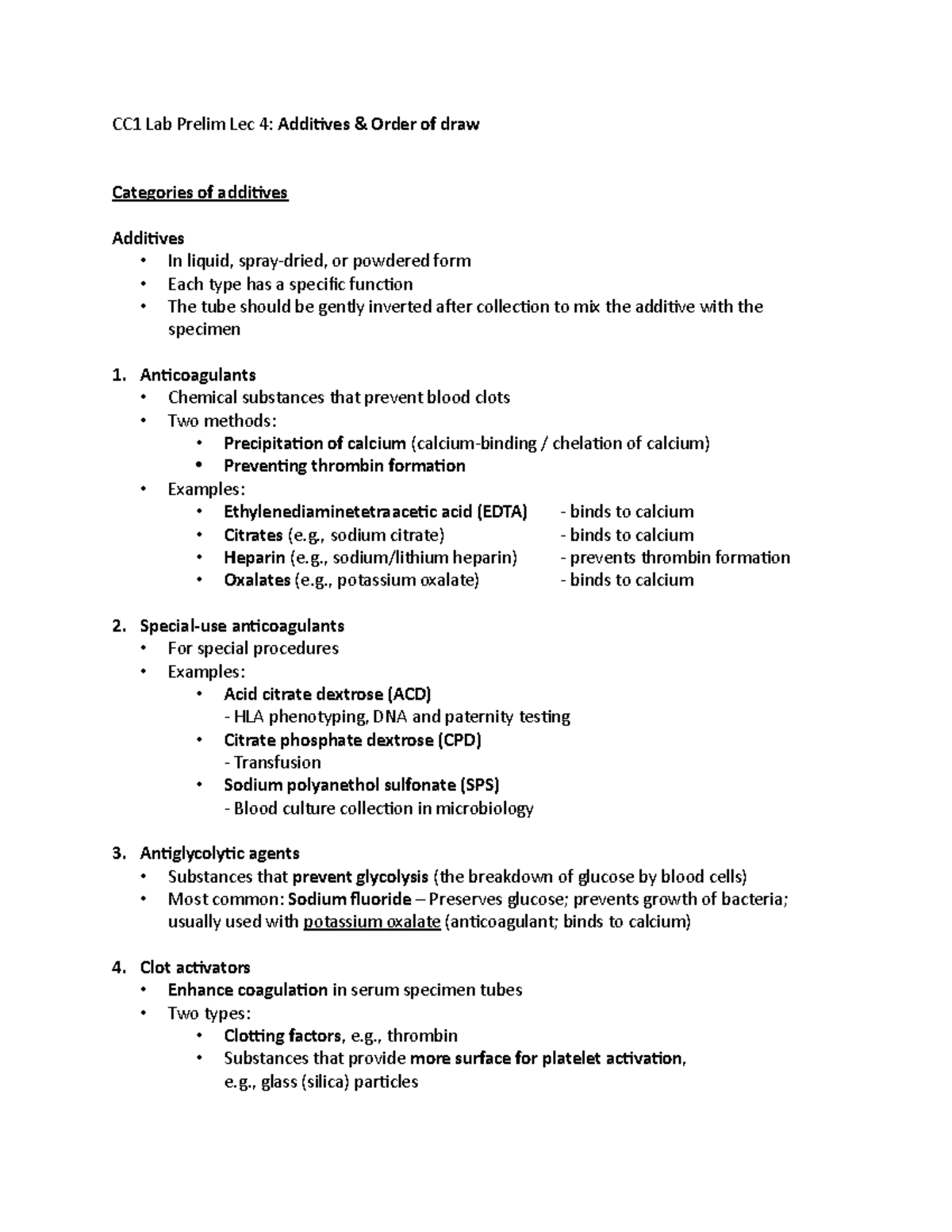CC1 LAB P4 Additives order of draw 1 - CC1 Lab Prelim Lec 4: Additives ...