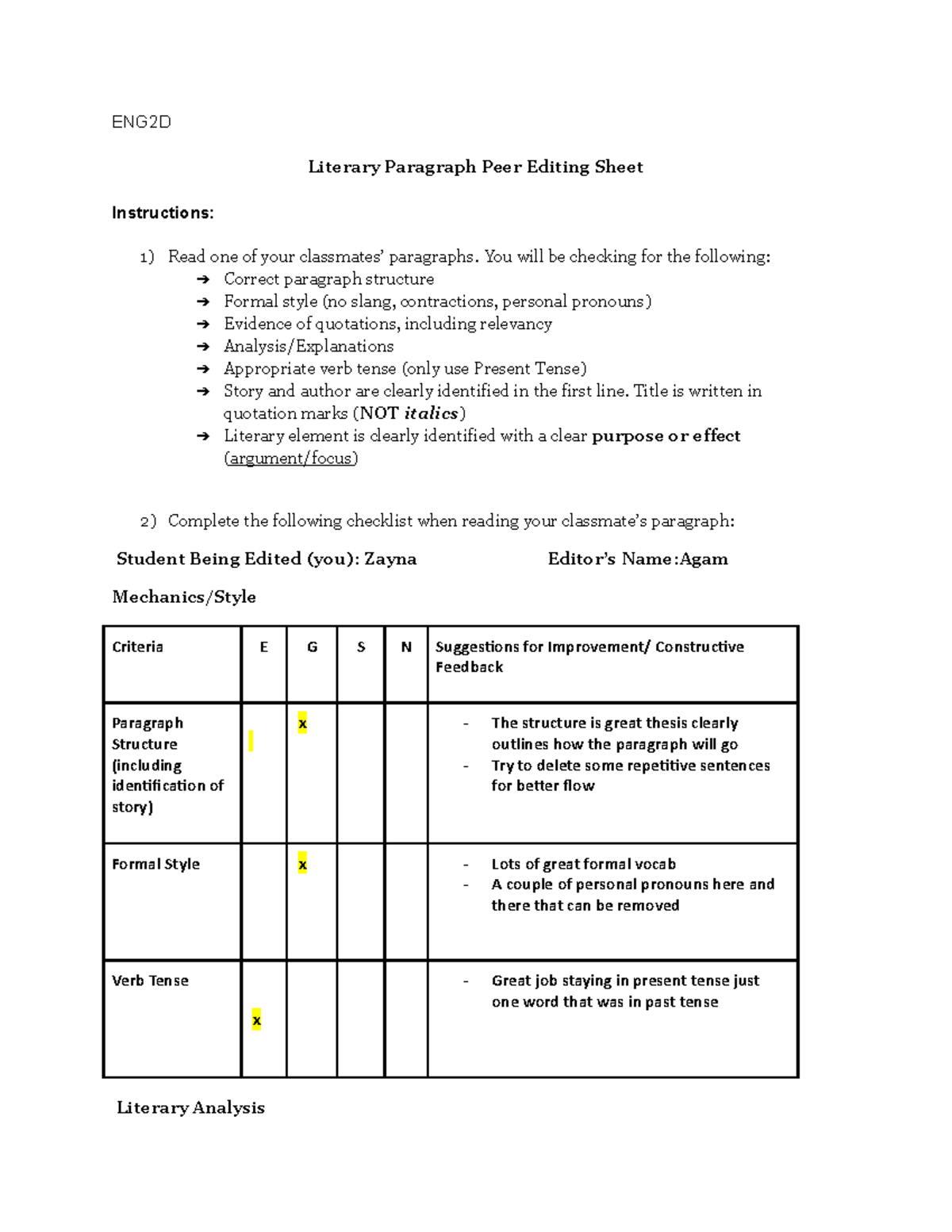 Copy of Copy of Classmate Editing Checklist Paragraph Assignment ...