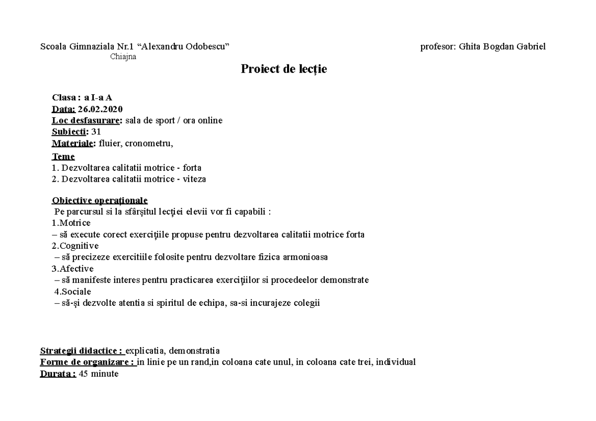 Proiect de lectie clasa a I-a A 26 - Scoala Gimnaziala Nr “Alexandru ...