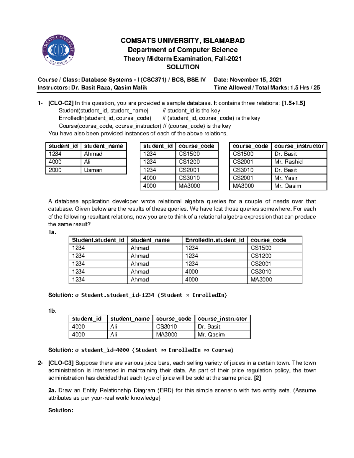 Theory Mid Term Paper Fall 2021 Solution Comsats University Islamabad Department Of Computer
