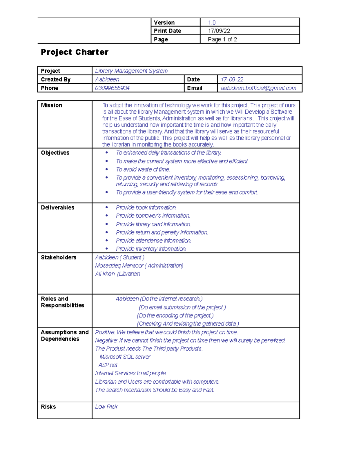 Project Charter P2000 06 - Version 1. Print Date 17/09/ Page Page 1 of ...