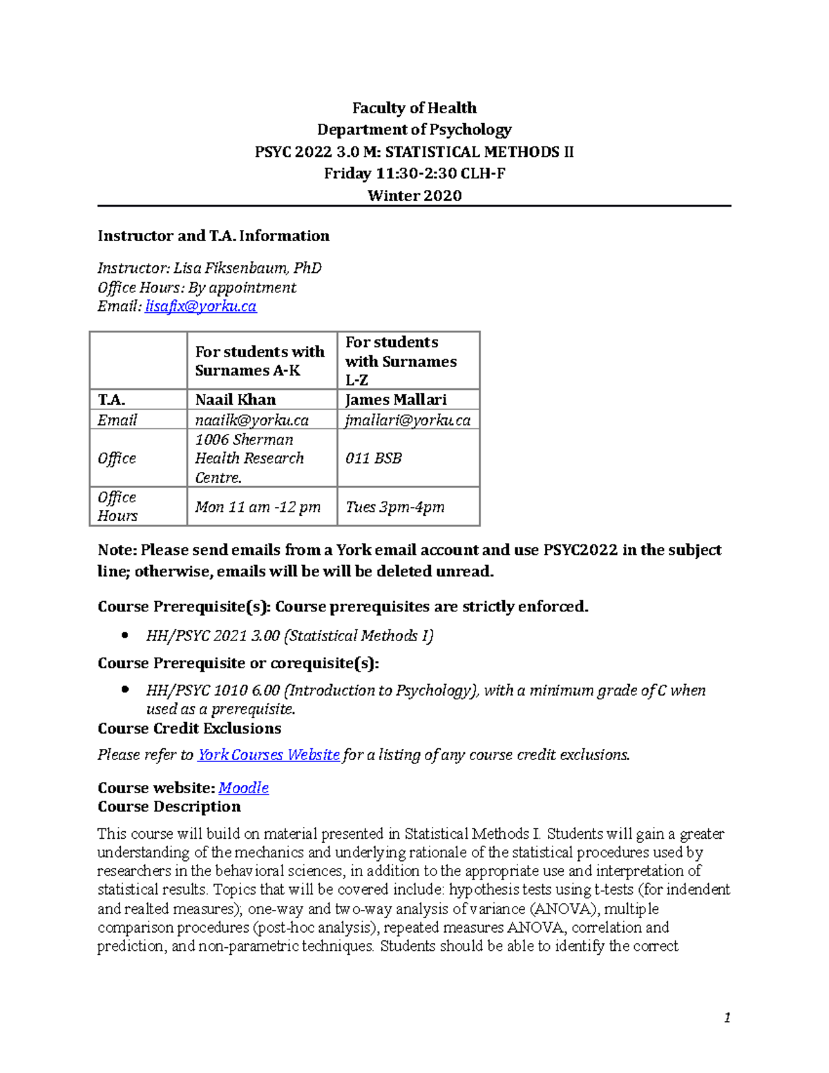 PSYC2022 Fiksenbaum winter 2020 - Faculty of Health Department of Psychology PSYC 2022 3 M ...