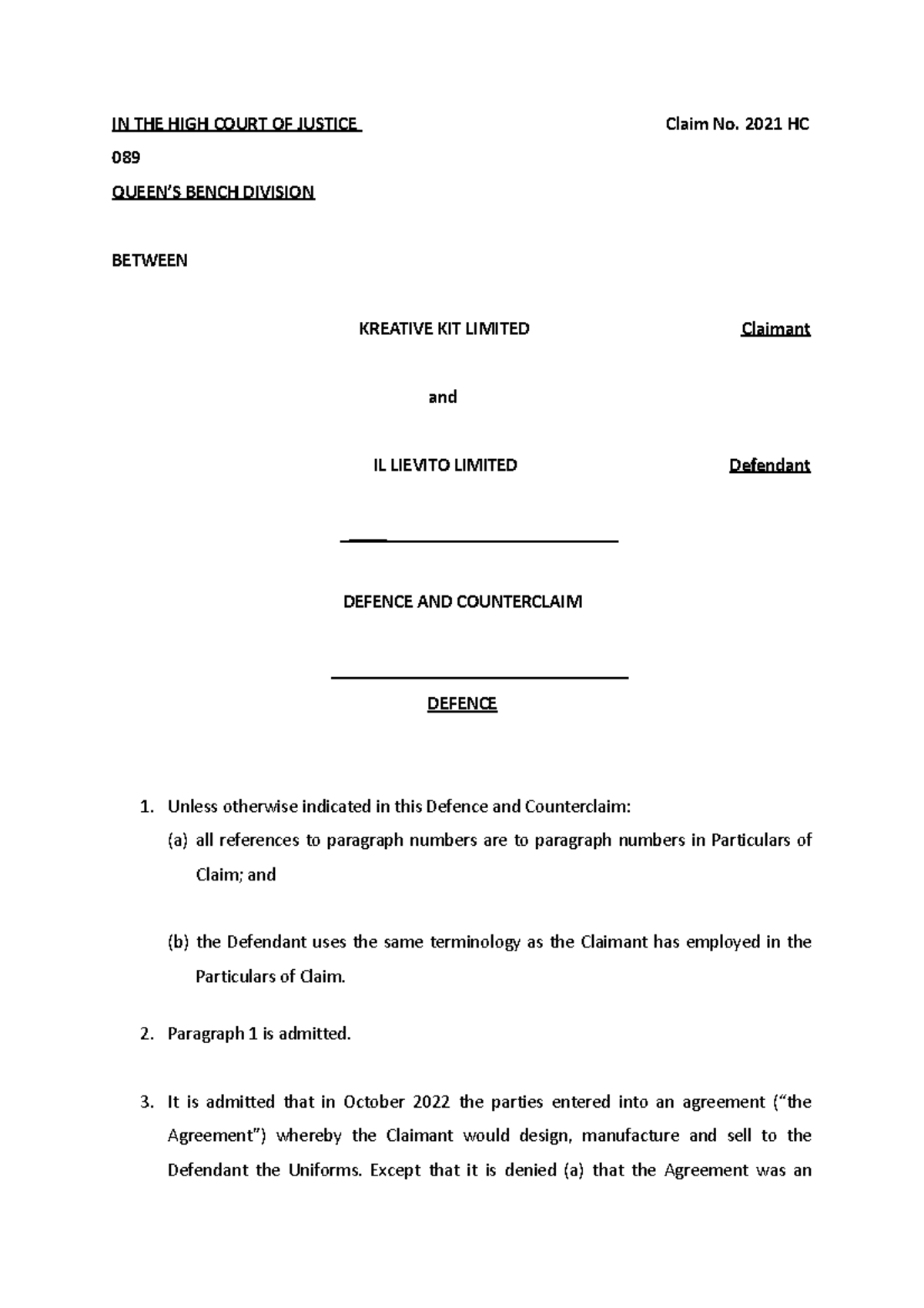 Kreative KIT Limited Defence Drafting - IN THE HIGH COURT OF JUSTICE ...