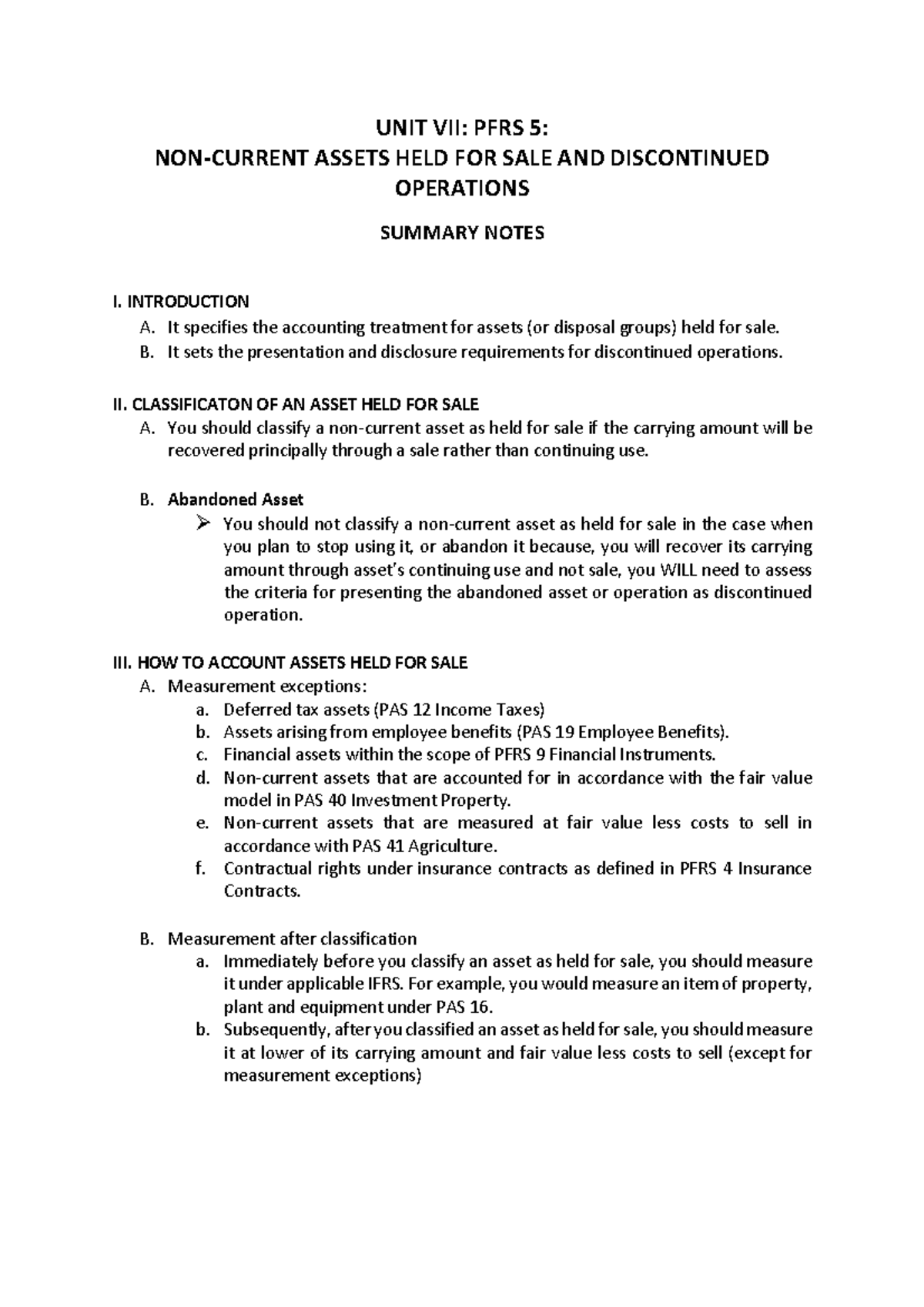 PFRS 5 Miral UNIT 7 Summary Notes - UNIT VII: PFRS 5: NON-CURRENT ...