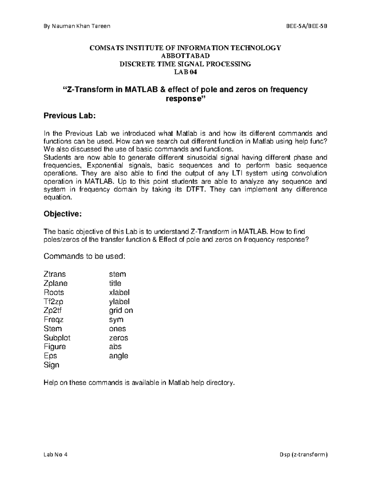5 - Lab 4 - dld lab no 5 - By Nauman Khan Tareen BEE-5A/BEE-5B COMSATS INSTITUTE OF INFORMATION ...