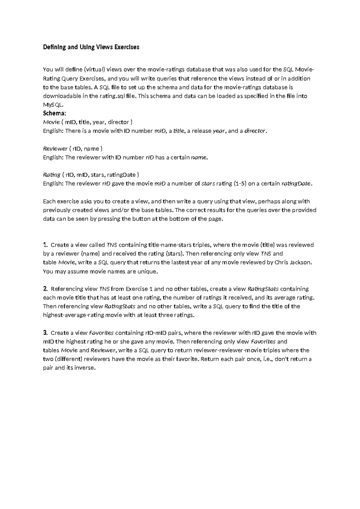 Views-exercice - .ddsds - Defining and Using Views Exercises You will ...