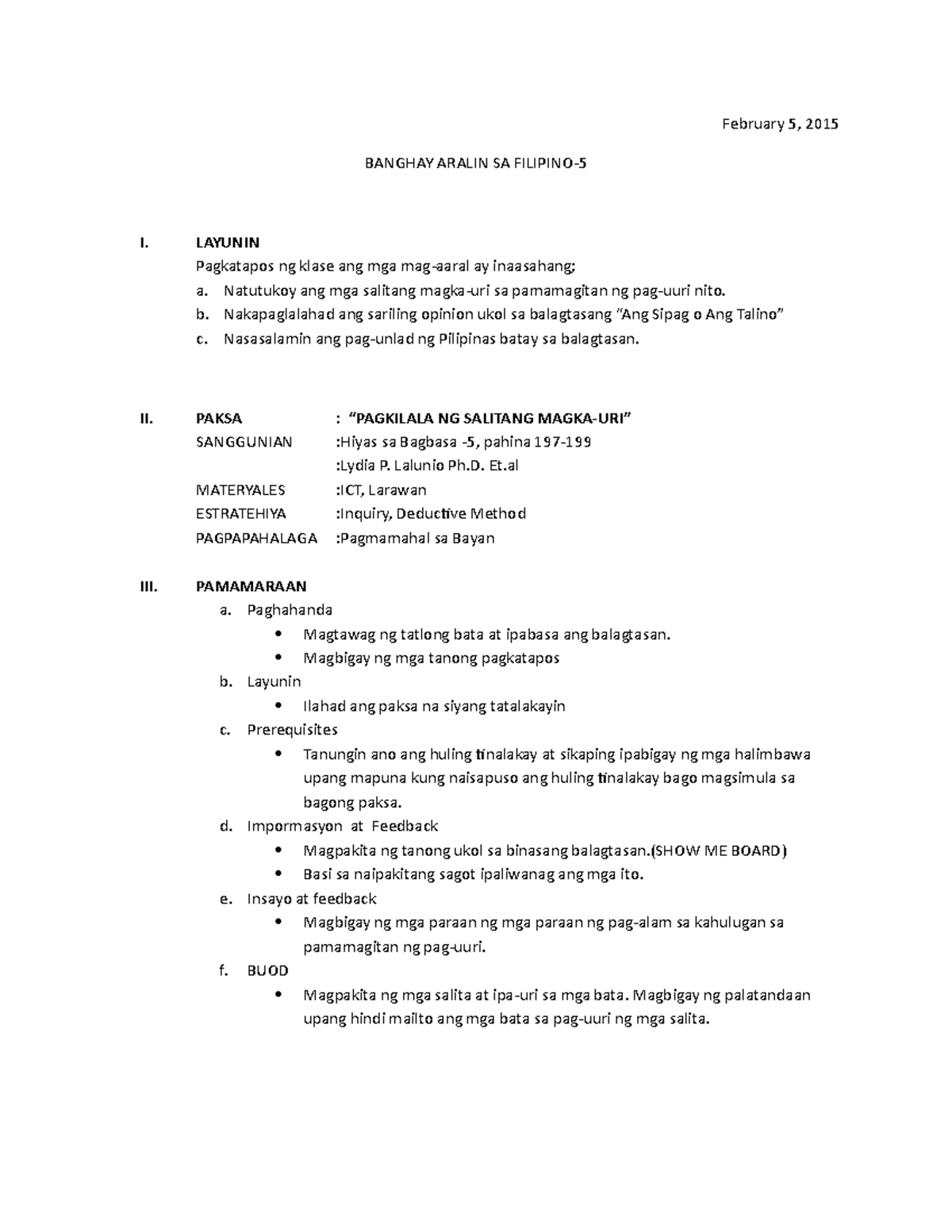 Filipino 5 lesson plan - for reference purposes - February 5, 2015 ...