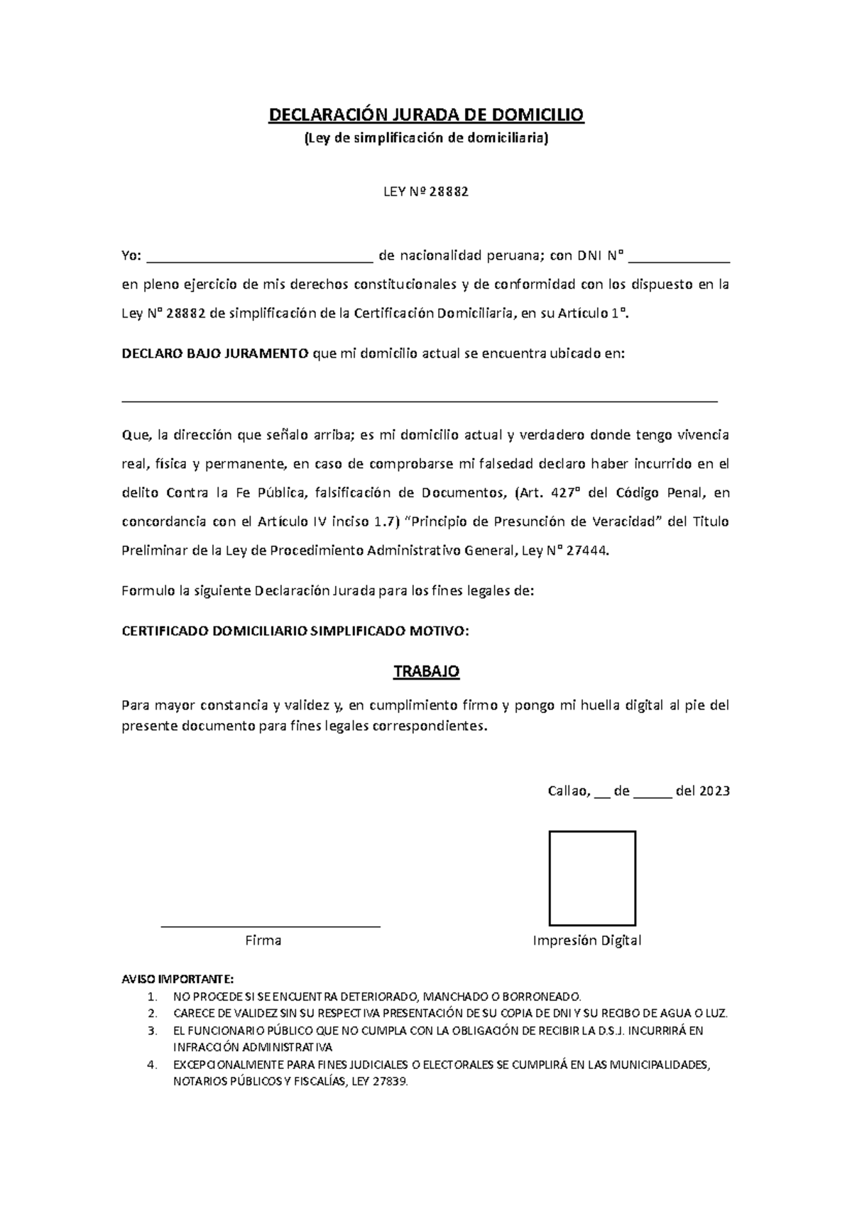 Modelo DE Declaración Jurada - DECLARACIÓN JURADA DE DOMICILIO (Ley de simplificación de - Studocu