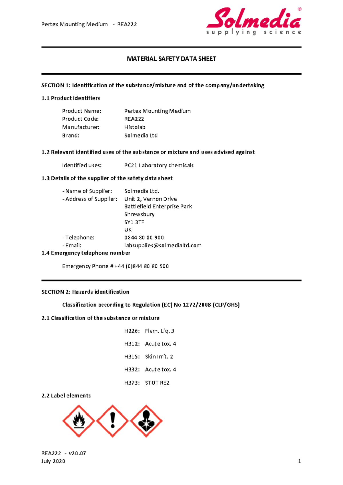 SDS Pertex Mounting Medium RES222 v 20 - REA222 - v20. MATERIAL SAFETY ...