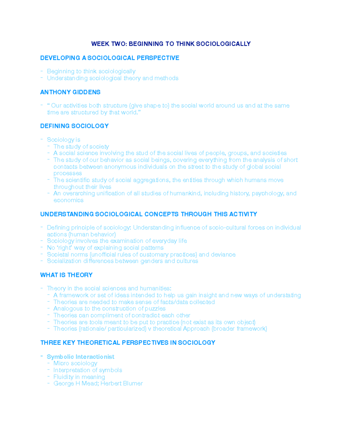 Socio 101 week 2 - WEEK TWO: BEGINNING TO THINK SOCIOLOGICALLY ...