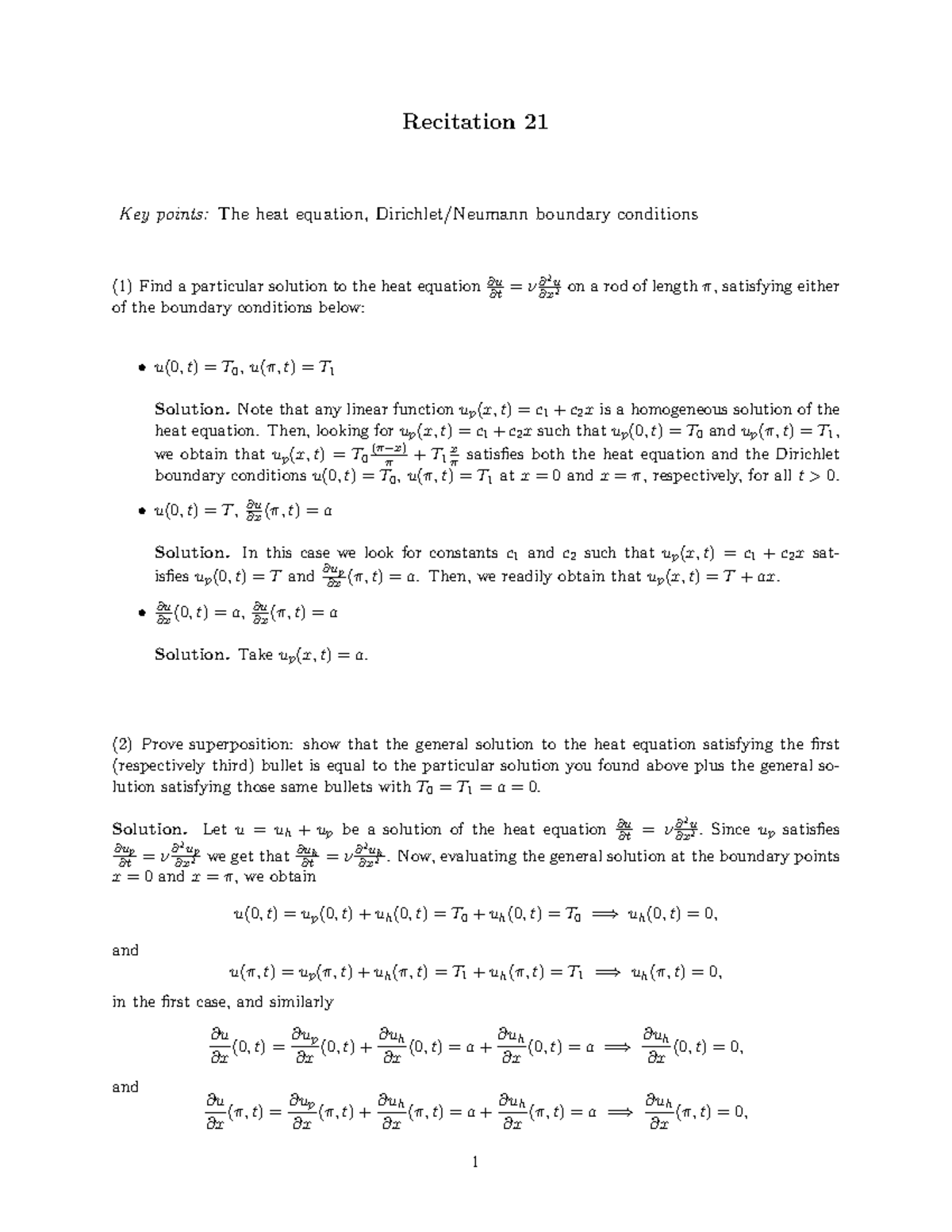 Solution Recitation 21 - November 21 - Recitation 21 Key points: The heat equation, - Studocu