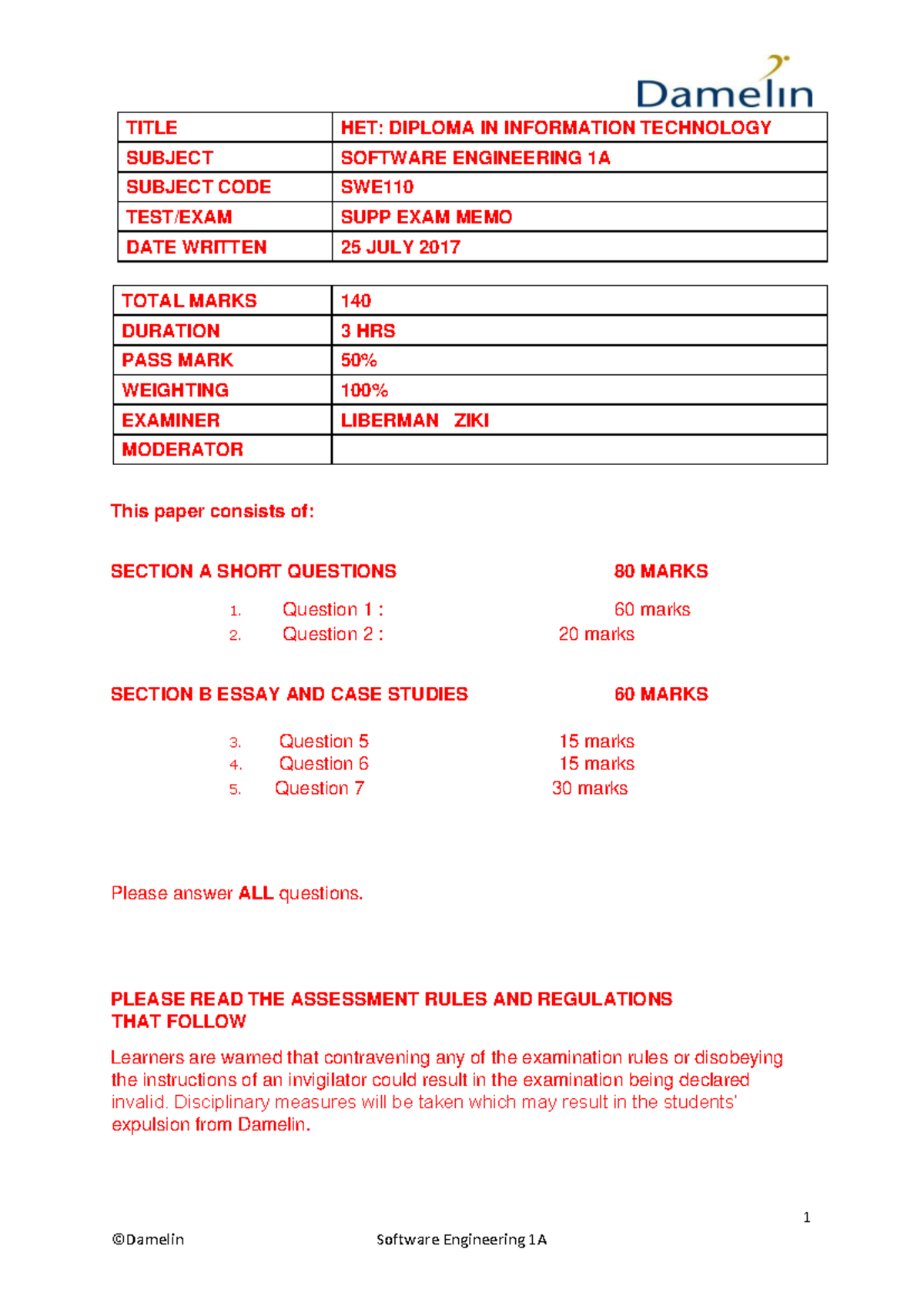 Software Engineering 1A Supp Exam Memo - 1 TITLE HET: DIPLOMA IN ...