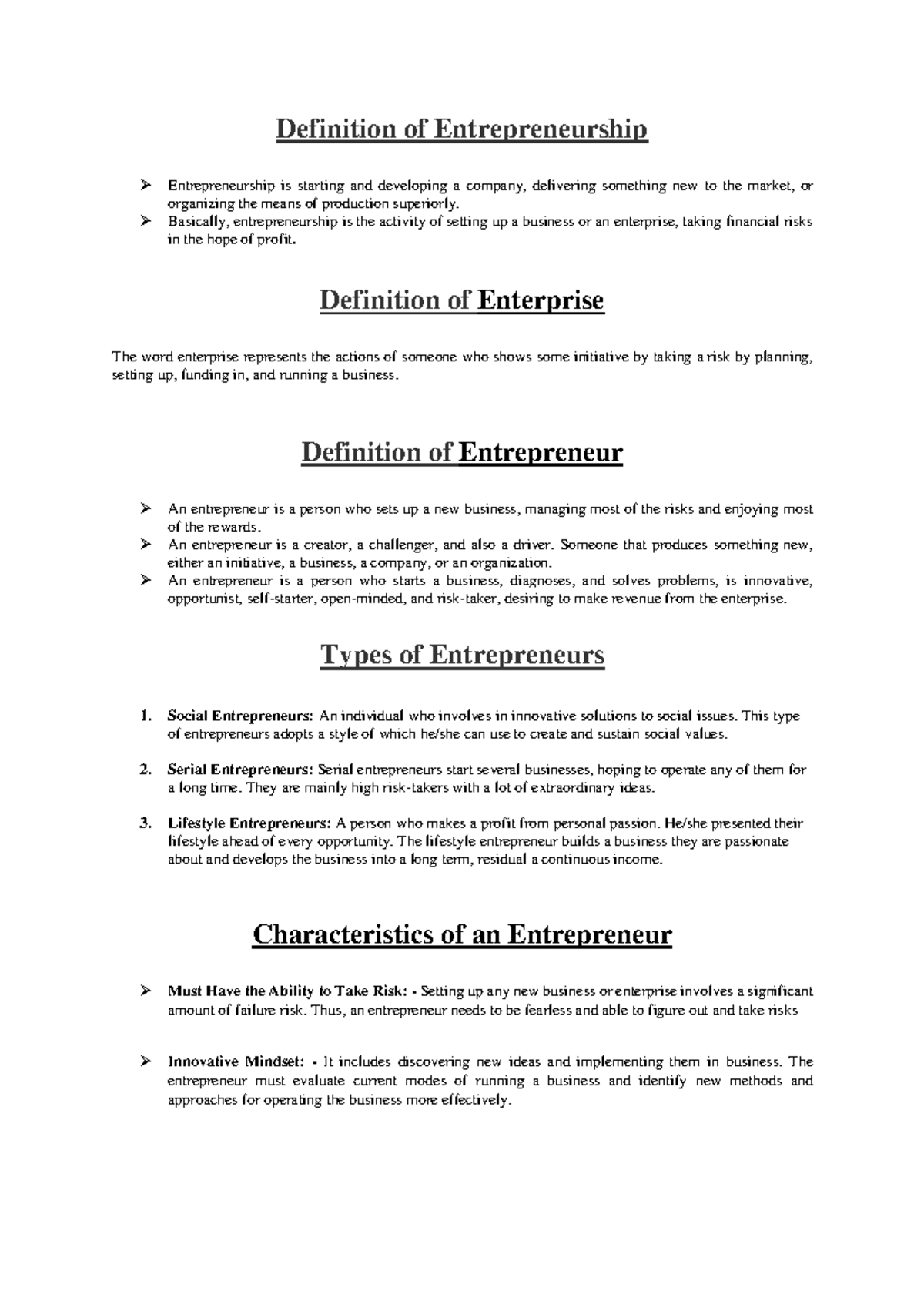 Notes - Definition of Entrepreneurship Entrepreneurship is starting and ...