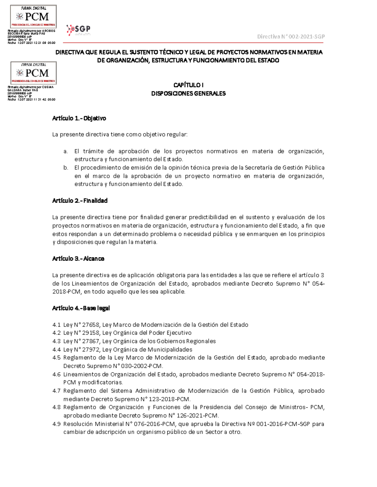 Directiva N° 002-2021-SGP - DIRECTIVA QUE REGULA EL SUSTENTO TÉCNICO Y LEGAL DE PROYECTOS ...