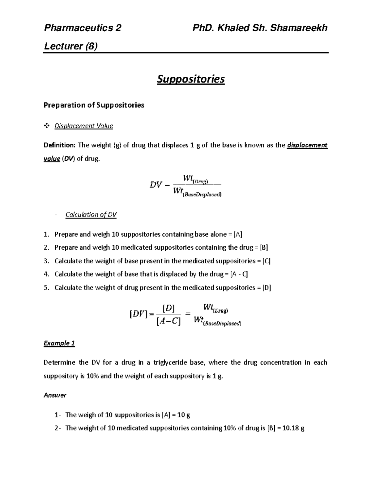 Lecture 8 (Suppositories) 010922225530 - Lecturer (8) Suppositories ...