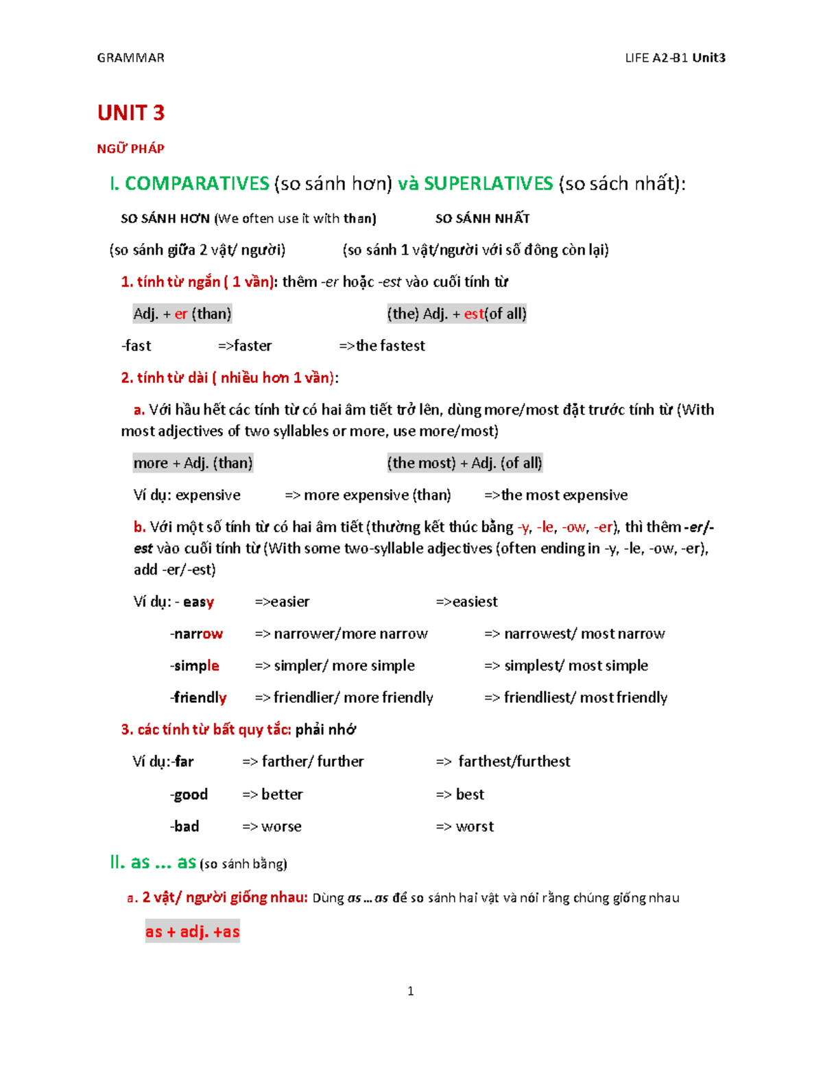 UNIT 3 ngữ pháp ôn gửi - GRAMMAR LIFE A2-B1 Unit 1 UNIT 3 NGỮ PHÁP I. COMPARATIVES (so sánh ...
