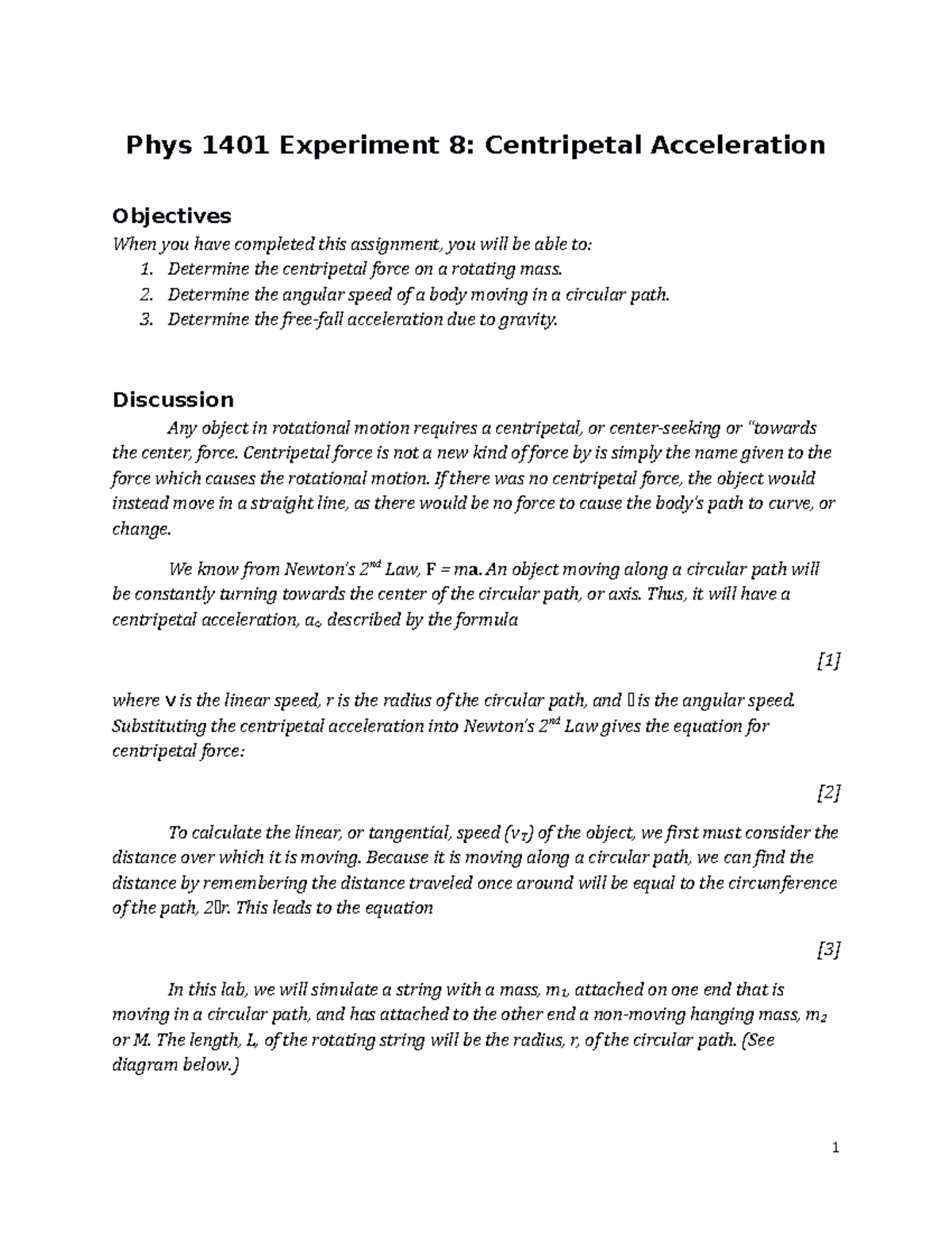 Phys 1401 Experiment 8 Centripetal Acceleration - Phys 1401 Experiment 8: Centripetal ...